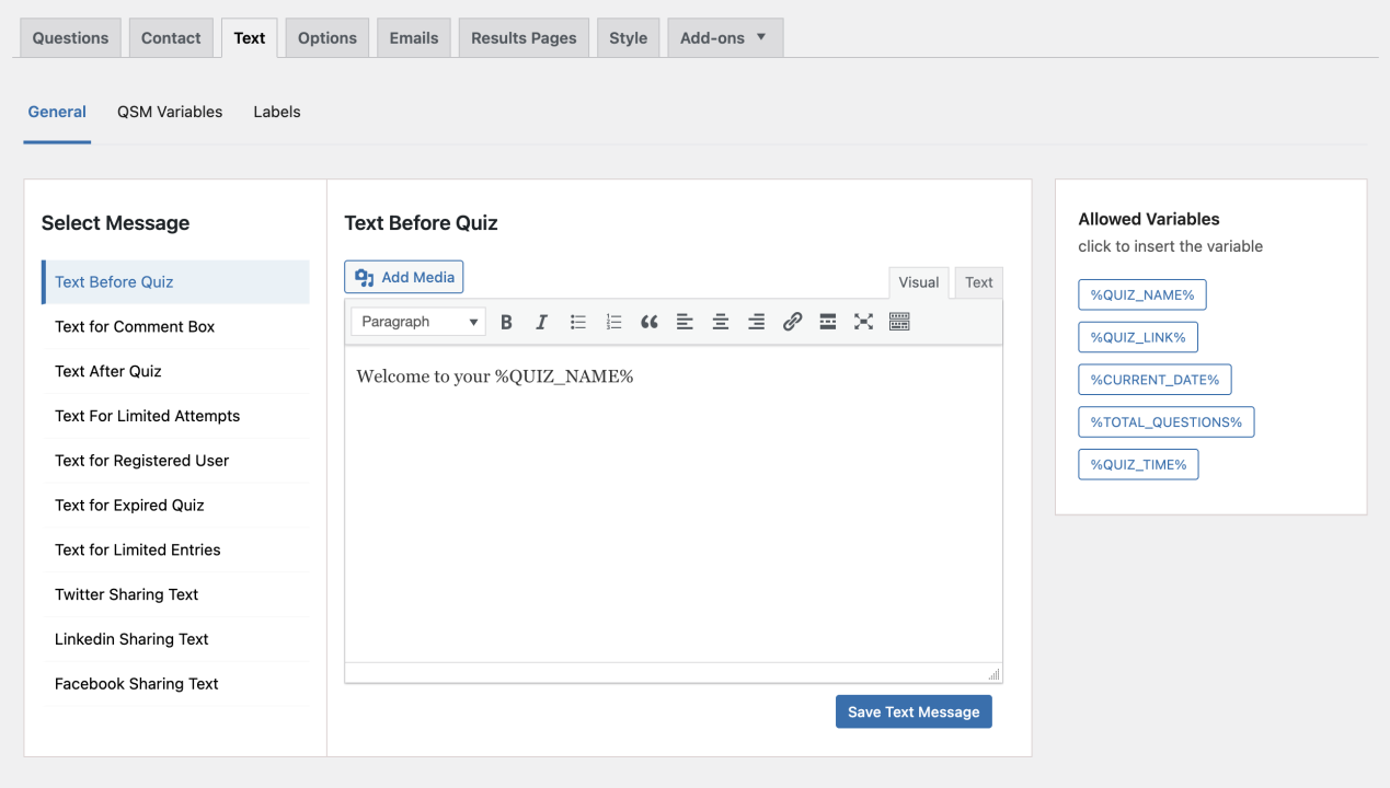 How to add Text Sections - Documentation Quiz And Survey Master