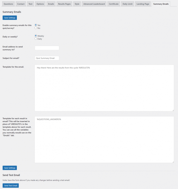 Summary Emails - Documentation Quiz And Survey Master